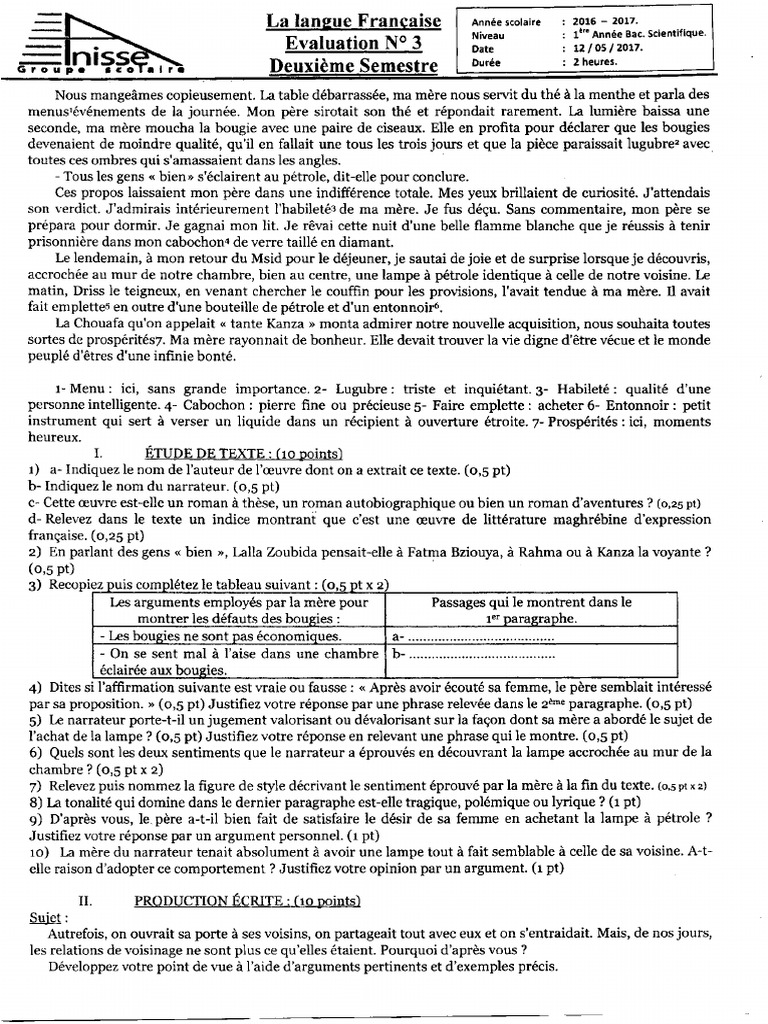 Devoir 3 Modele 3 Francais 1er Bac Semestre 2 | PDF