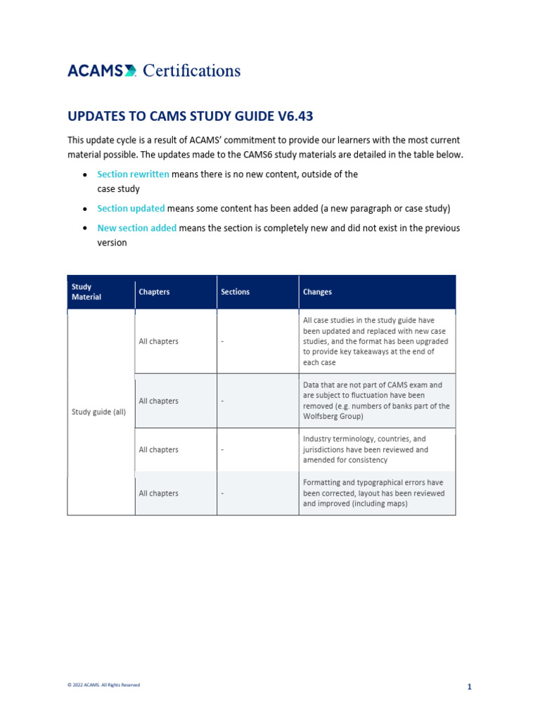 ACAMS CAMS en D Update Announcement v1.1 | PDF | Business