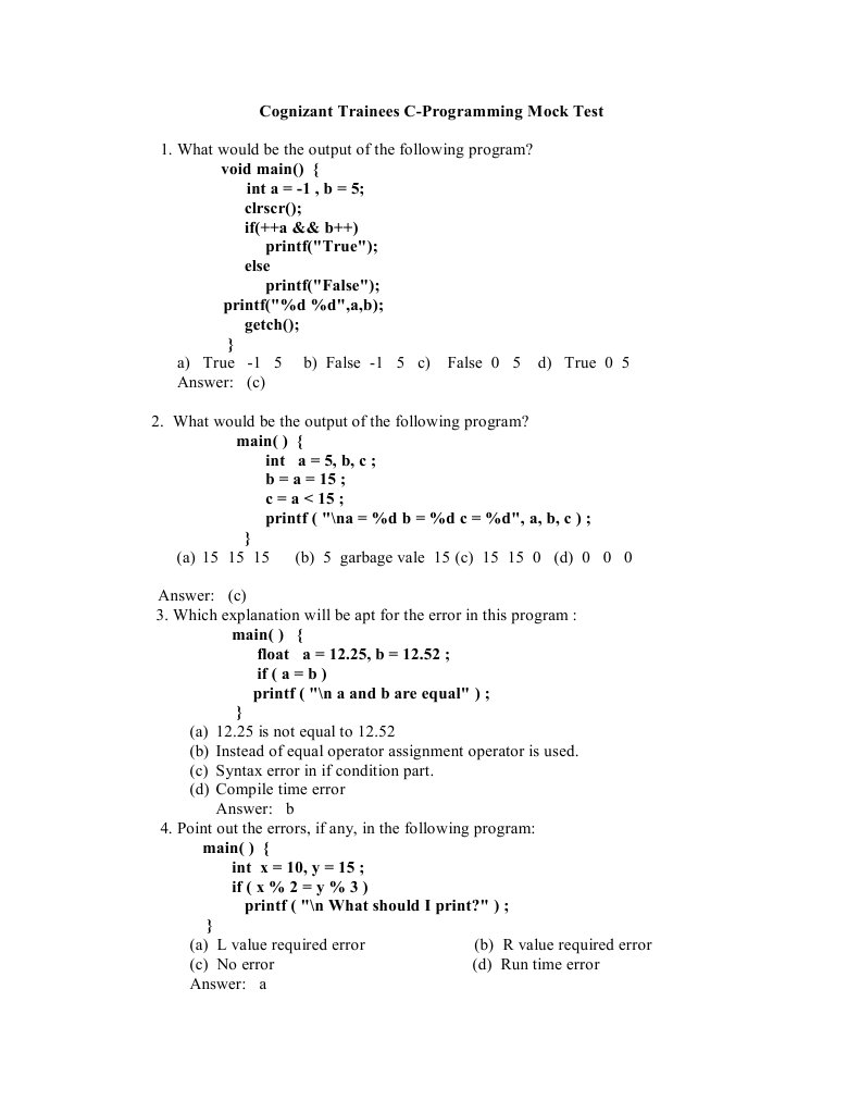 Cognizant Trainees C Test Question and Answer | PDF | C (Programming ...