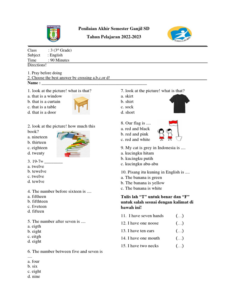 English Semester Exam For 3rd Grade Sd Pdf Language Arts Discipline