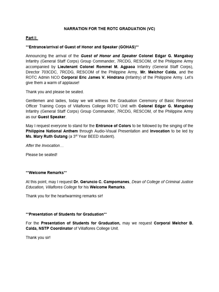 Narration For The Rotc Graduation | PDF | Corps | Military Units And ...