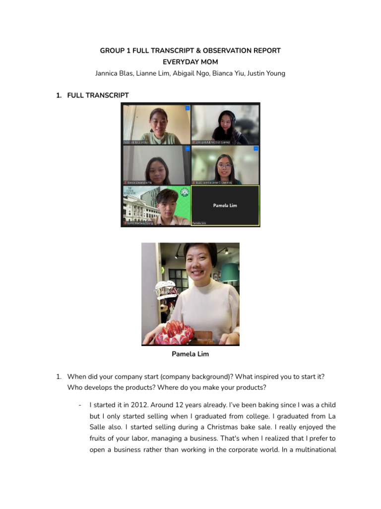 [MADFUND Group 1] Customer Discovery - Full Transcript and Observation Report | PDF | Cupcake ...