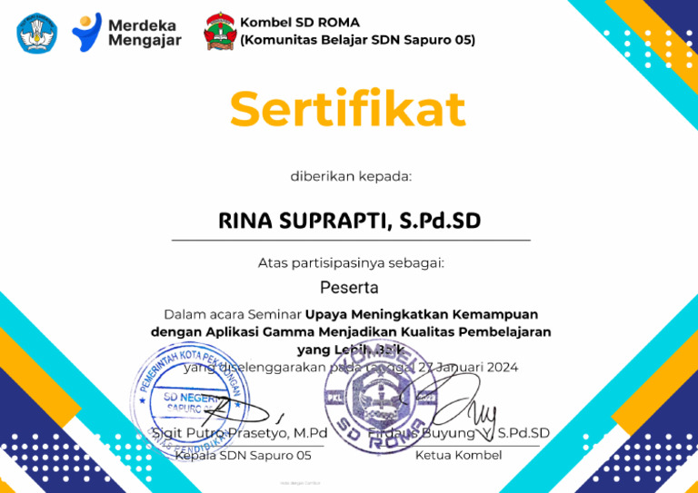 Sertifikat Kombel SD Roma Sapuro - RINA SUPRAPTI, S.PD - SD | PDF
