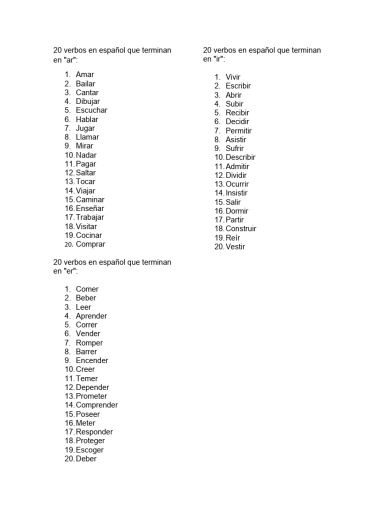 20 Verbos Terminacion Ar, Er e Ir | PDF