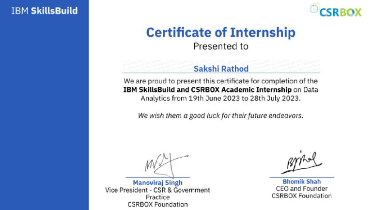 IBM SkillsBuild and CSRBOX Academic Internship Certificate | PDF
