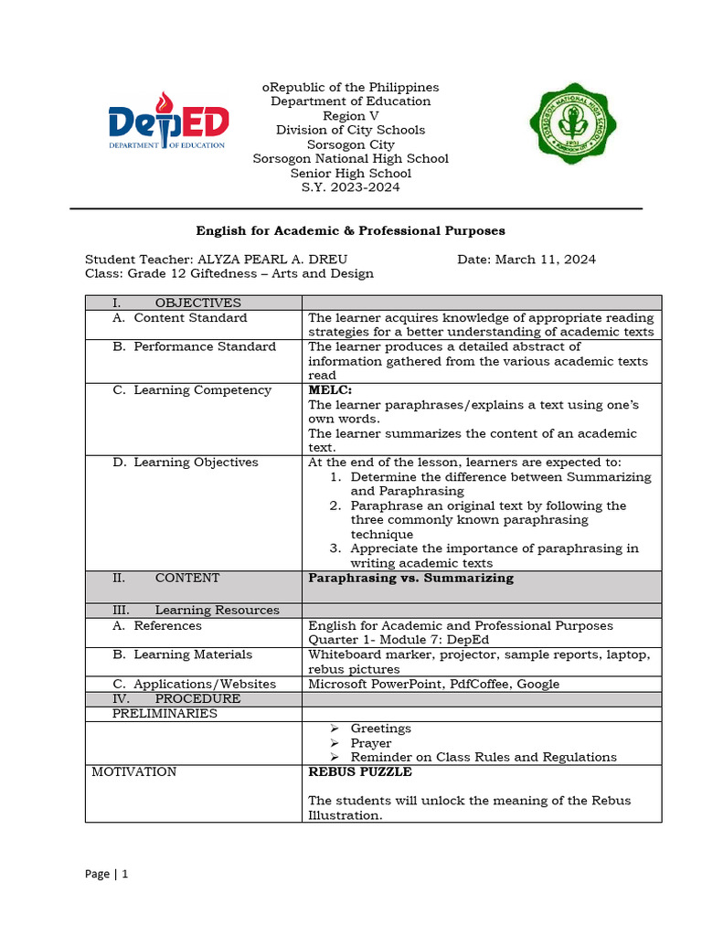 EAPP LP Summarizing and General Guidelines in Summarizing | PDF ...