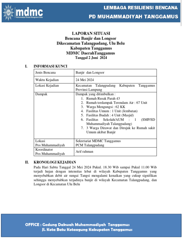 Sitrep 2 Juni 2024 MDMC Tanggamus | PDF