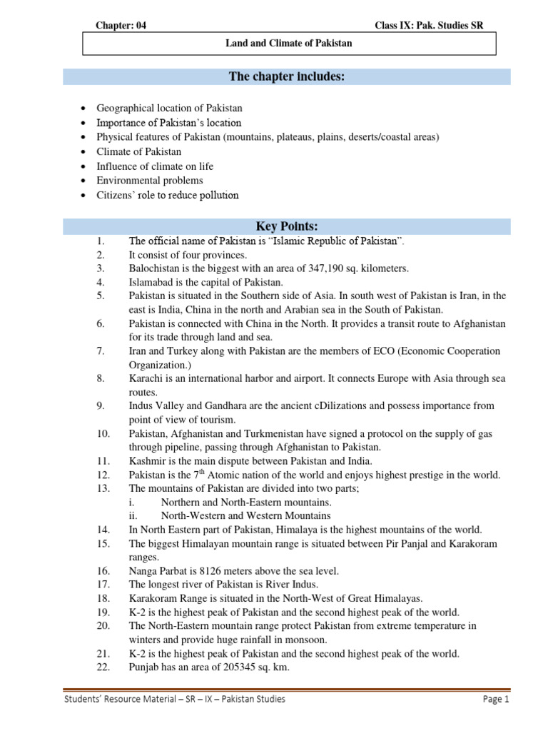STB Class X Land and Climate of Pakistan Chapter 4 Pak. St. | PDF ...