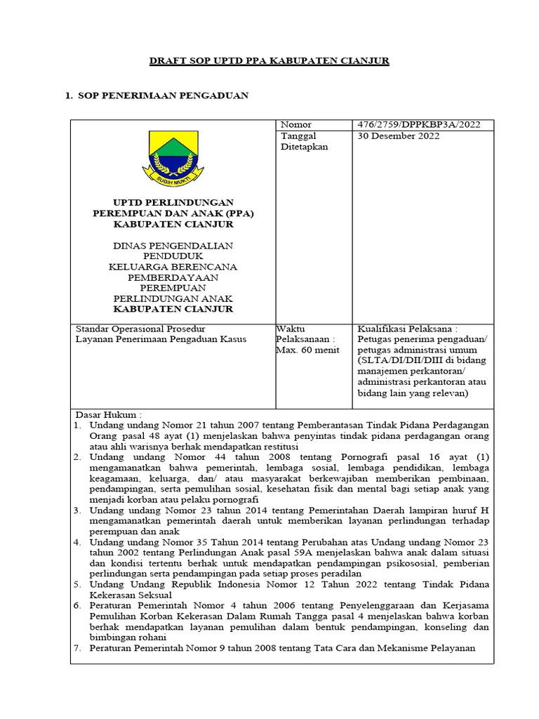 Sop Layanan Perlindungan Perempuan Dan Uptd Ppa Kabupaten Cianjur | PDF