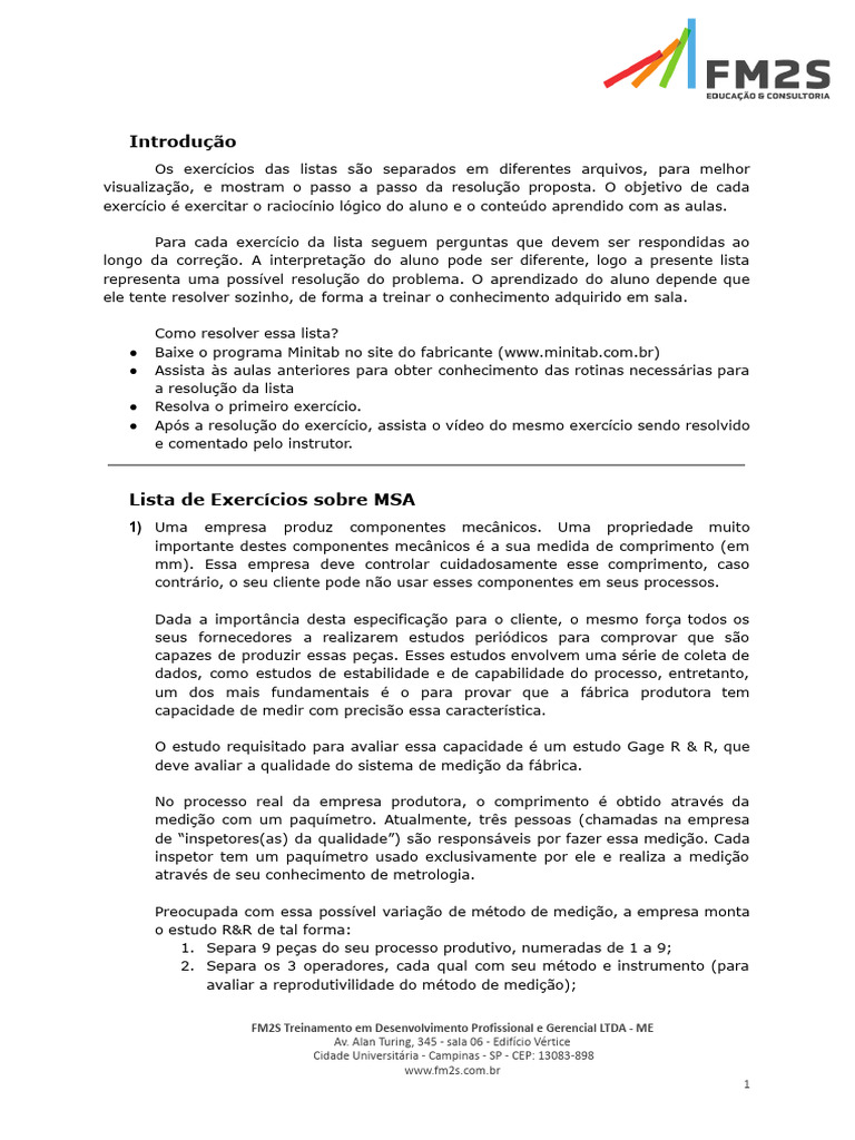 (FM2S) Resolução Lista de Exercícios 1 - MSA | PDF | Medição ...