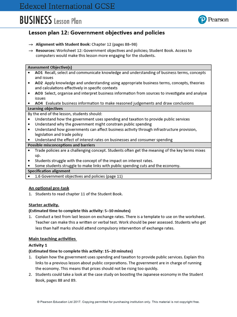 Lesson Plan 12 Government Objectives and Policies | PDF | Protectionism ...