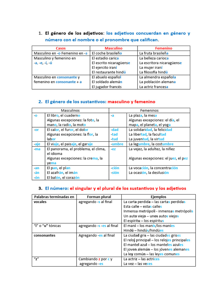 Género y número en adjetivos y sustantivos | PDF | Género gramatical ...