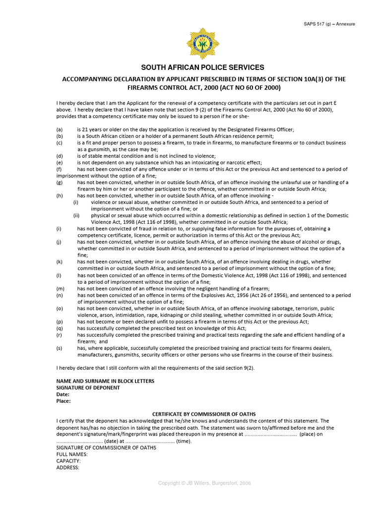 SAPS 517g - Accompanying Delcaration for Renewal of Competency ...