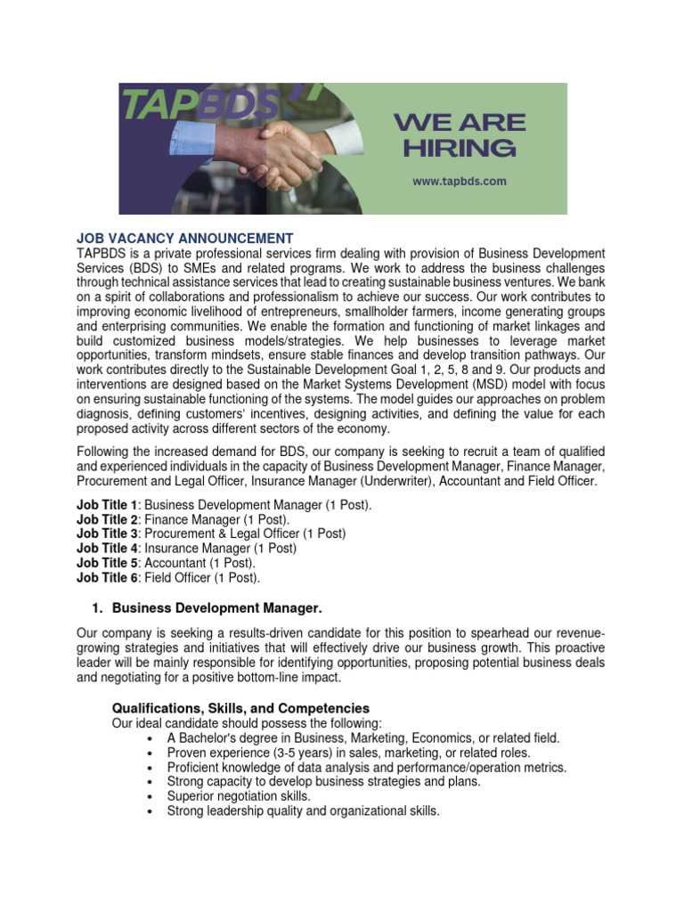 TAPBDS Job Vacancies Announcement | PDF | Accounting | Procurement