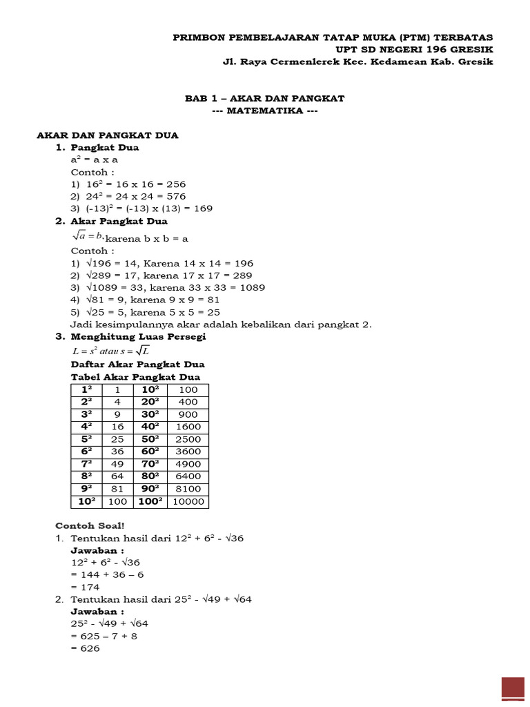 Mat 1 - Akar Dan Pangkat Dua | PDF
