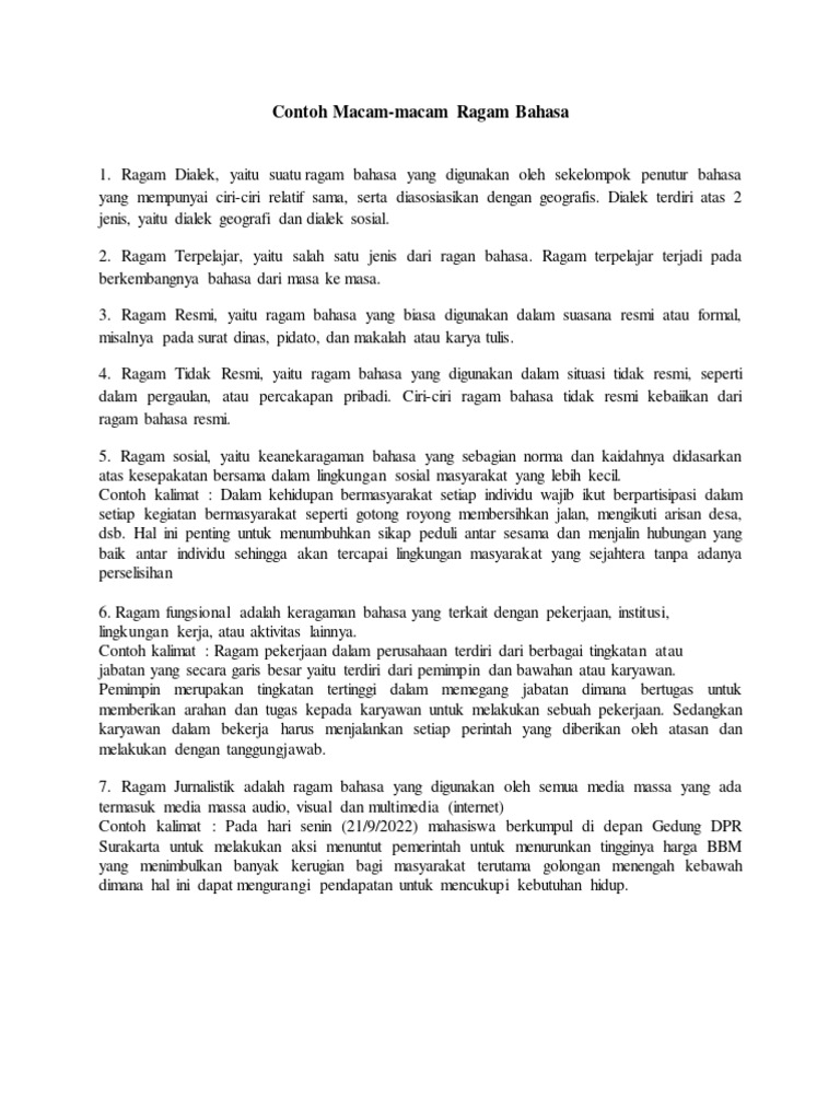 Ragam Bahasa: Jenis dan Contohnya | PDF