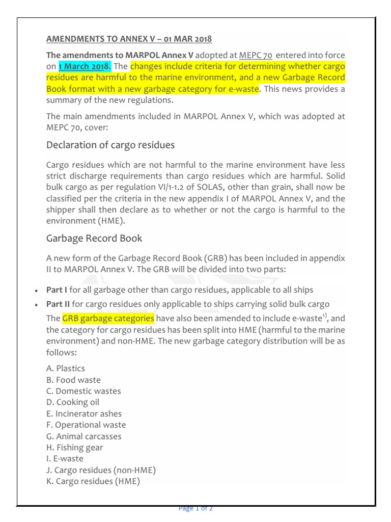 Anx V - Amendments To MARPOL Annex V | PDF | Municipal Solid Waste | Waste