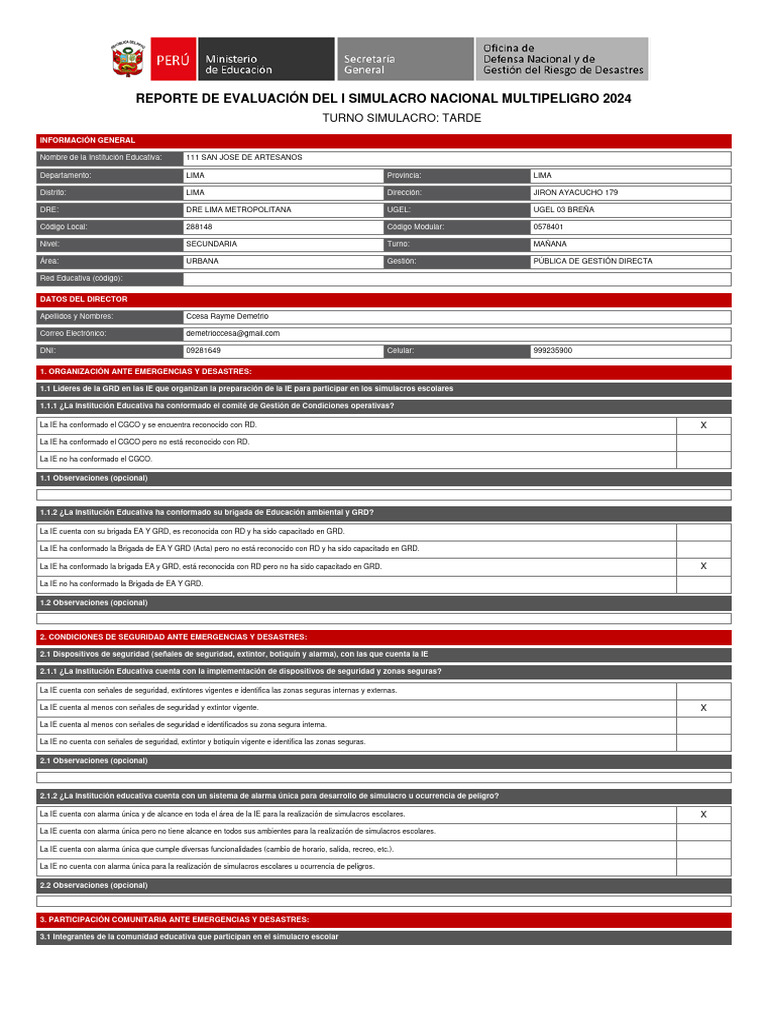 Ficha de Simulacro Multipeligro Secundaria 2024 | PDF