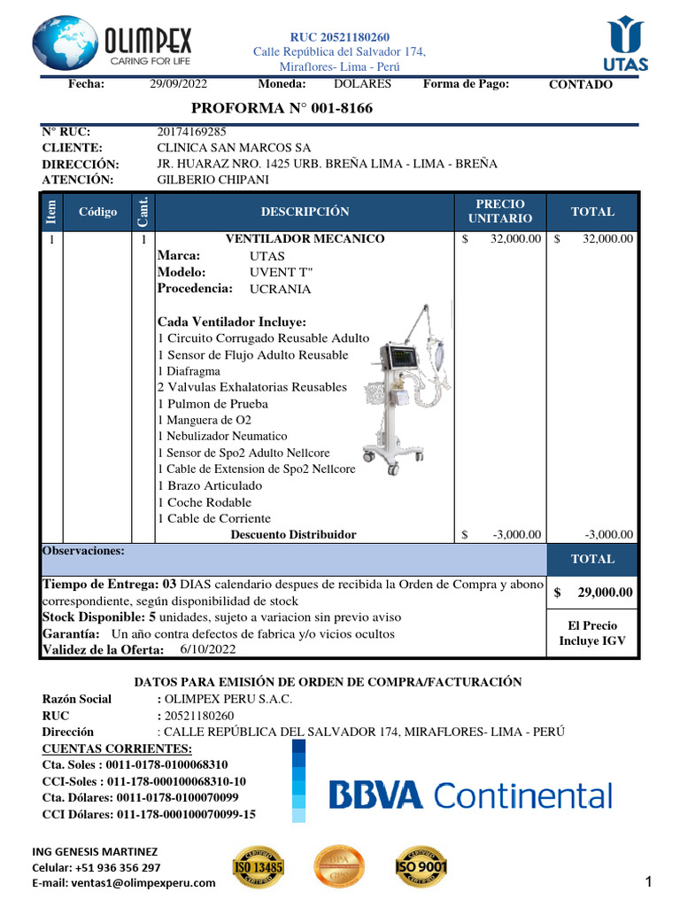 PROFORMA #001-8166: Código Descripción Precio Unitario Total | PDF | Sistema respiratorio ...