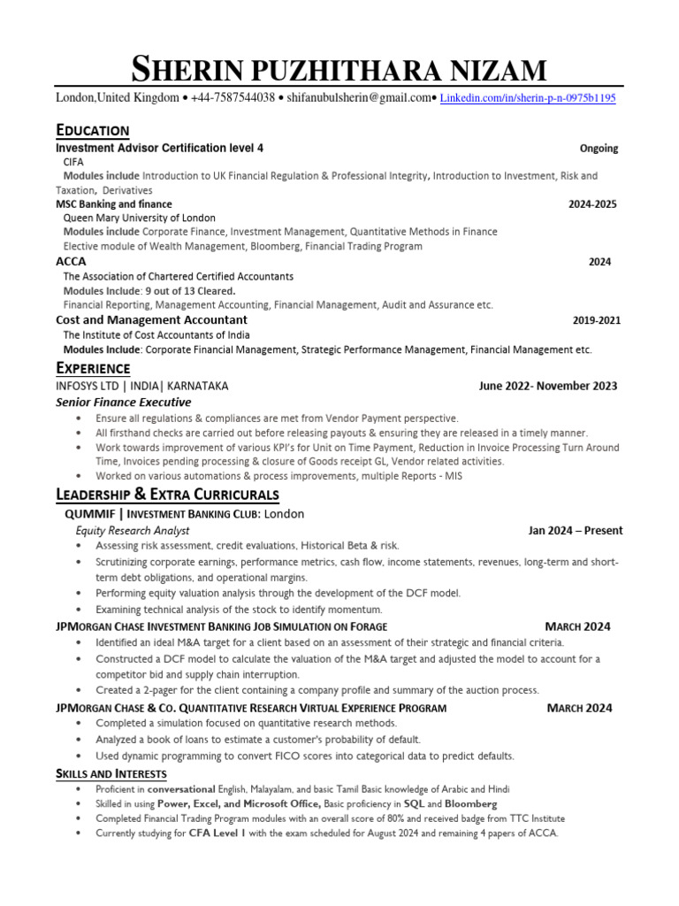Resume Investment Banking Updated | PDF | Investing | Investment Banking