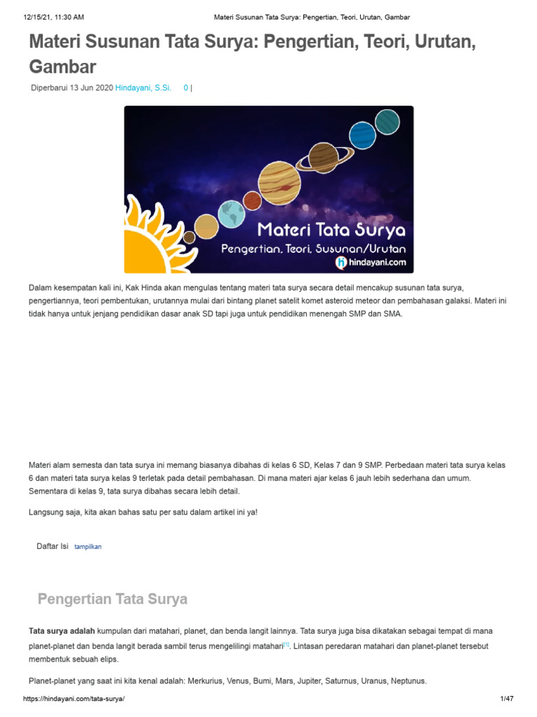Materi Susunan Tata Surya - Pengertian, Teori, Urutan, Gambar | PDF