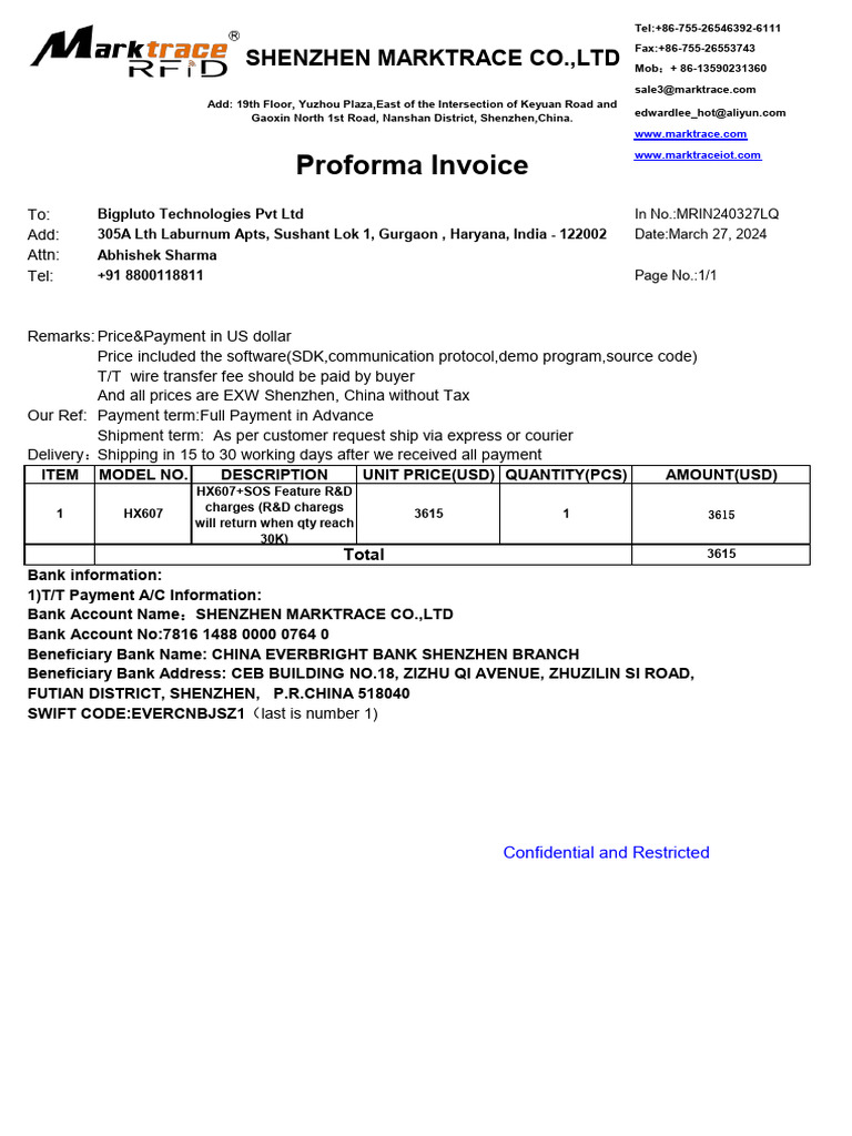 Proforma Invoice for HX607 R&D | PDF | Business | Money