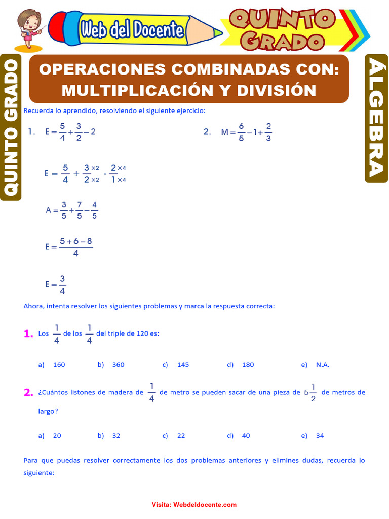 Operaciones Combinadas de Multiplicación y División de Fracciones para ...