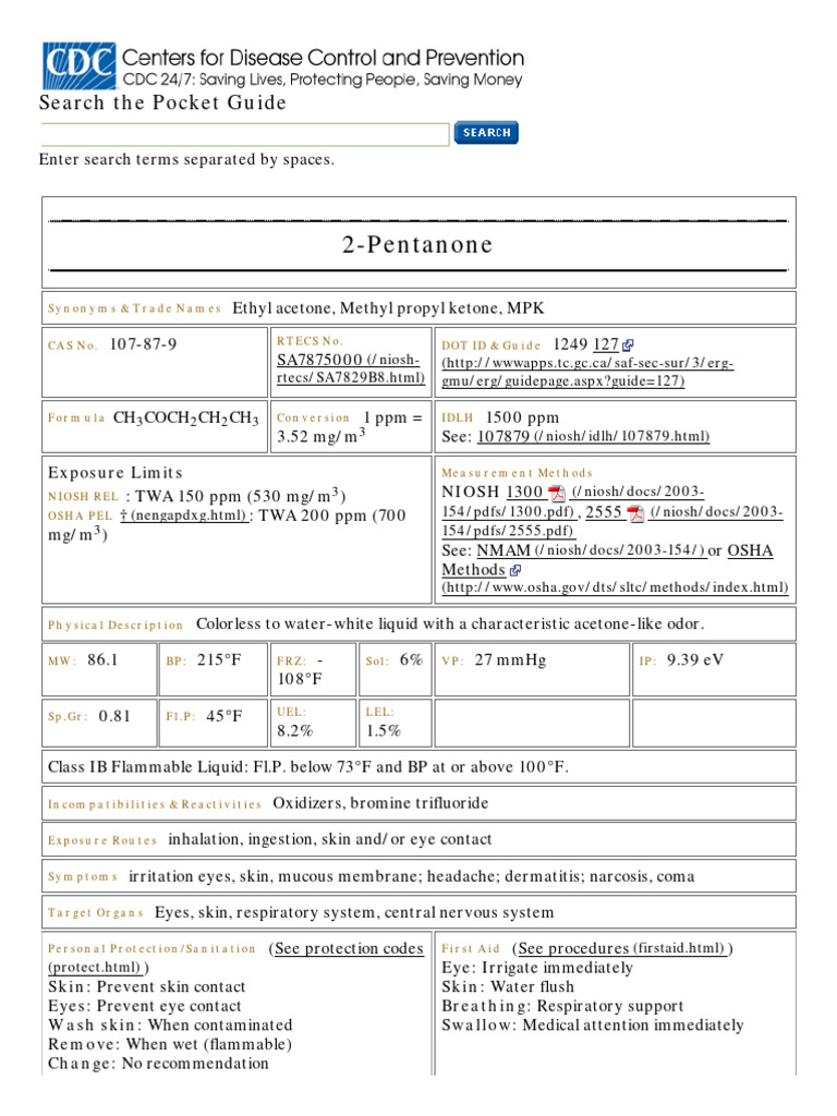 CDC - NIOSH Pocket Guide To Chemical Hazards - 2-Pentanone | PDF | Working Conditions | Respiration