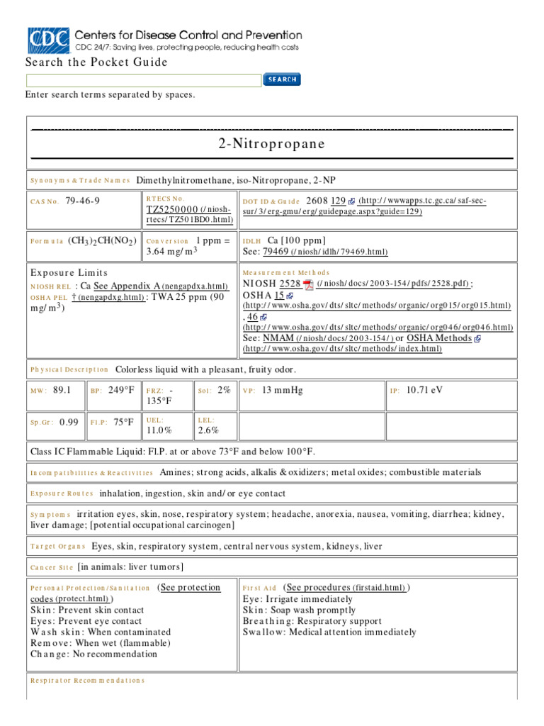 CDC - NIOSH Pocket Guide to Chemical Hazards - 2-Nitropropan | PDF