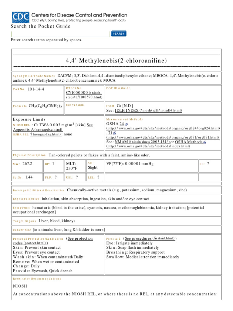 CDC - NIOSH Pocket Guide to Chemical Hazards - 4,4'-Methylen | PDF ...