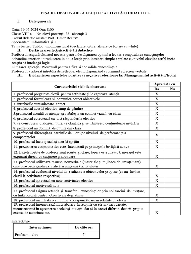 Fisă Observare Timar | PDF