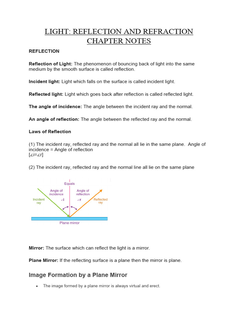 LIGHT Chapter Notes - Grade10 | PDF | Mirror | Optics