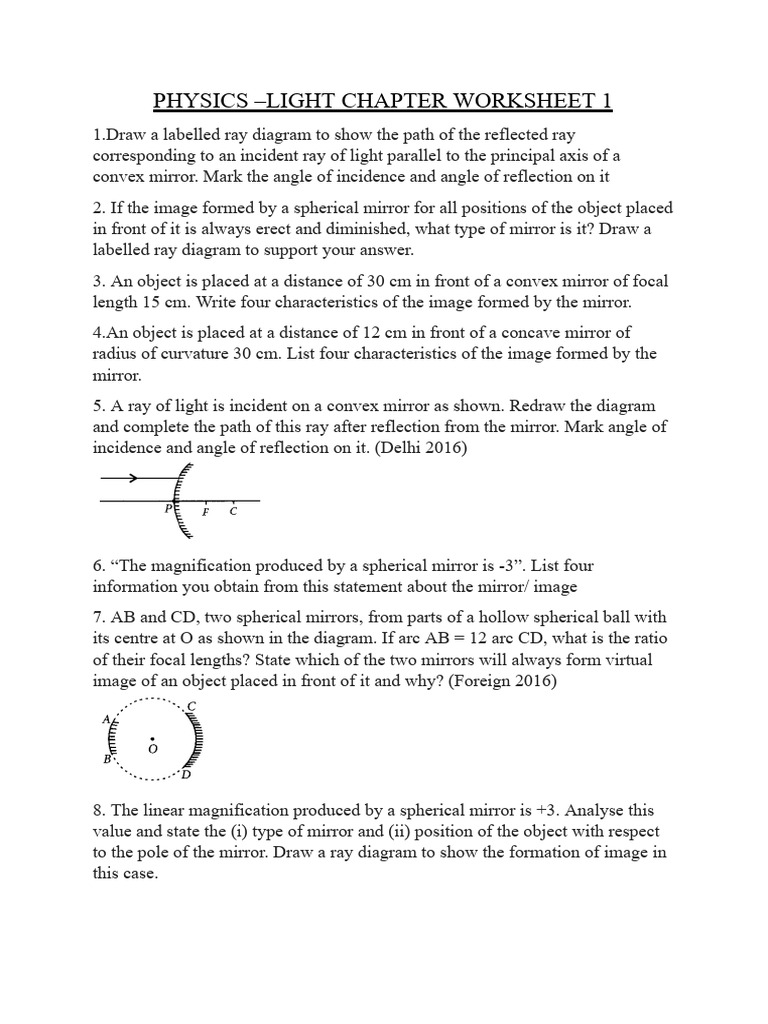 Physics Light Worsheet-1.Docx | Download Free PDF | Mirror | Optics