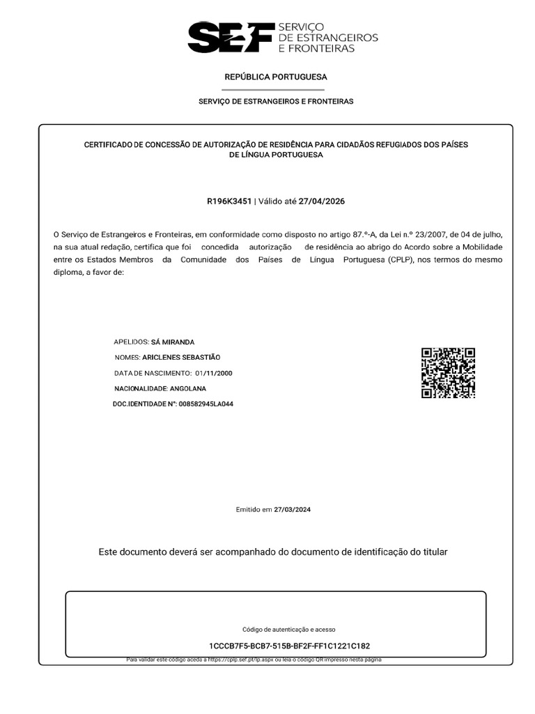 Autorizacao-de-Residencia Refugiado-1 | PDF