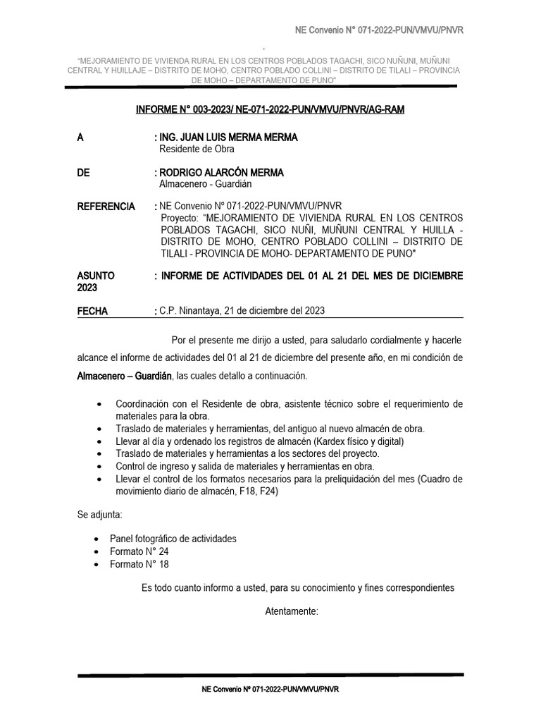 INFORME N° 01-2023 NE-071-2022-AG-RAM INFORME DE ACTIVIDADES MES DE DICIEMBRE 2023 | PDF