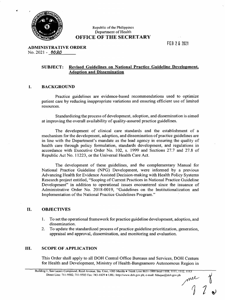 AO 2021-0020 Revised Guidelines On National Practice Guideline Development, Adoption and ...