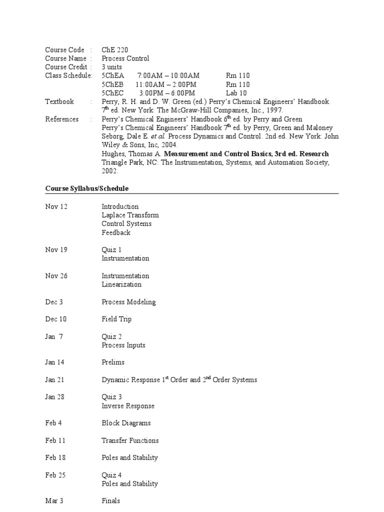ChE 220 Process Control Syllabus | PDF