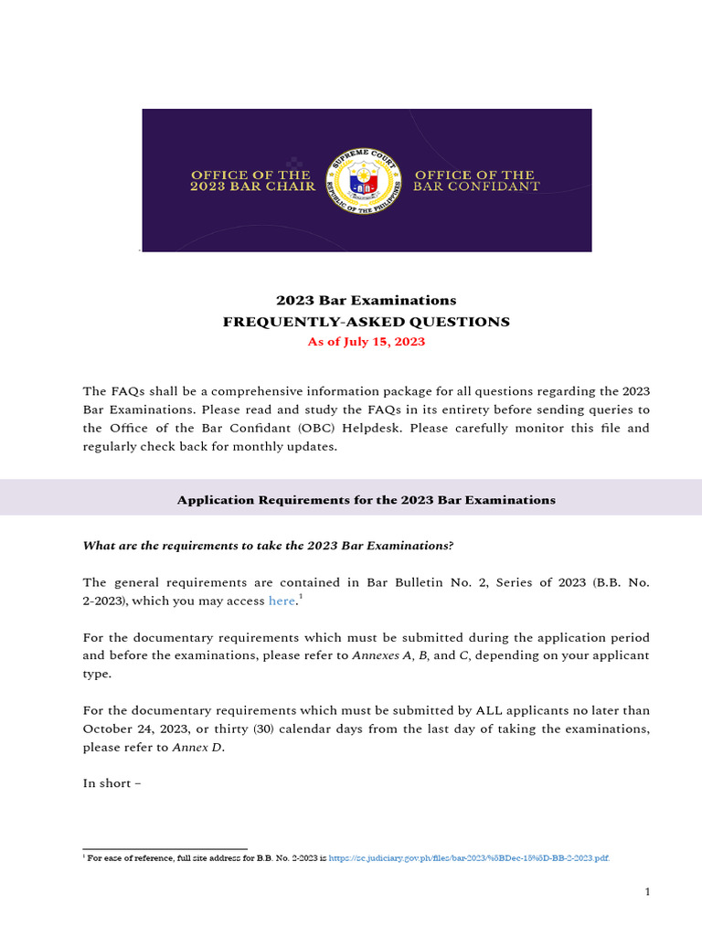 2023 Bar Examinations Frequently-Asked Questions (FAQs) As of July 15 ...