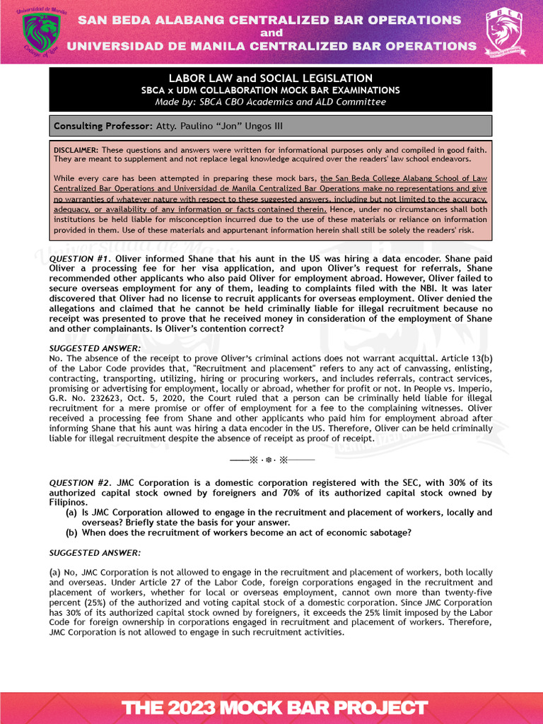 (DAY 2 PM) Labor Law and Social Legislation Mock Bar (SBCA X UDM) | PDF | Employment | Sexual ...