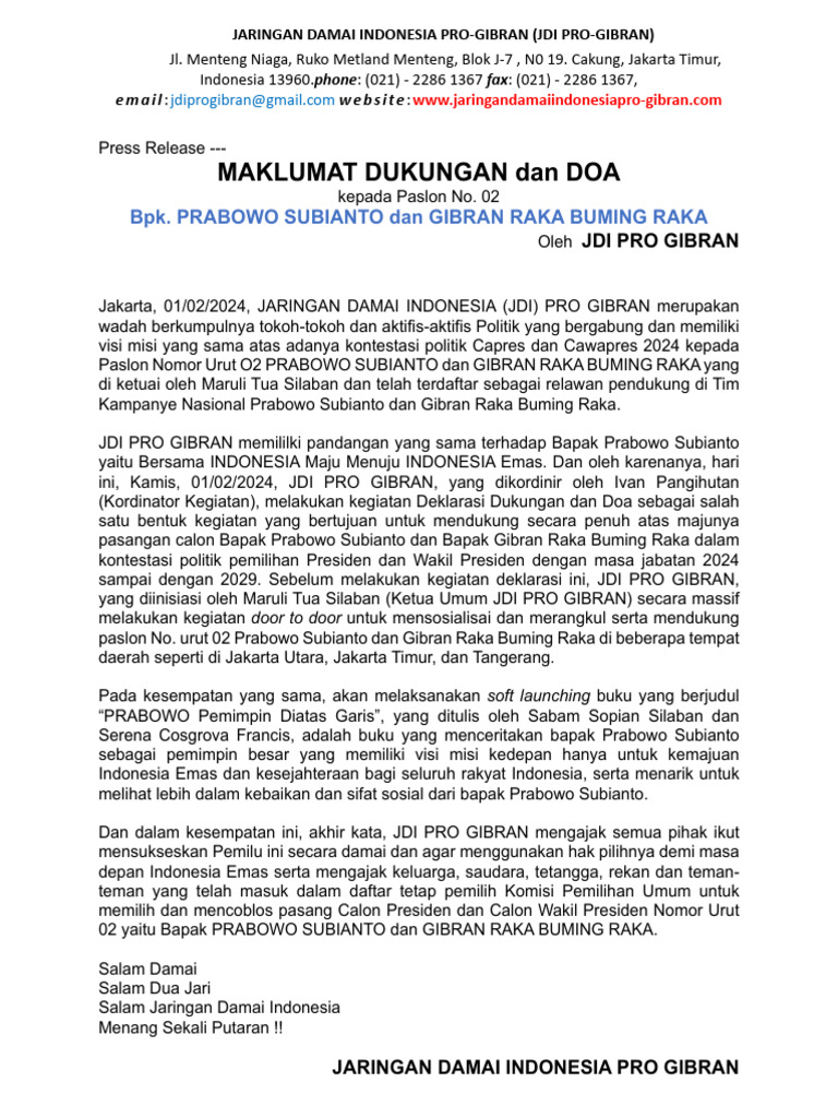 Press Release Deklarasi JDI Pro Gibran | PDF