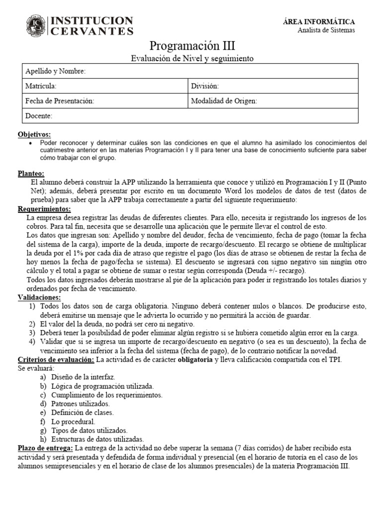 Evaluacion Diagnostico Prog-3 | PDF | Deuda | Informática