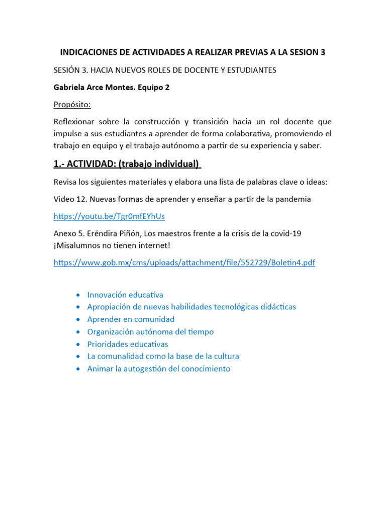 Gabriela Arce. INDICACIONES DE ACTIVIDADES A REALIZAR PREVIAS A LA ...