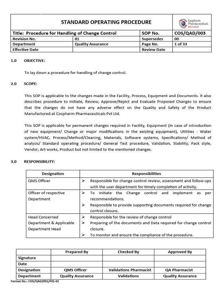 QAD-003 -Change Control SOP | PDF | Quality Assurance | Verification ... QAD-003 -Change Control SOP | PDF | Quality Assurance | Verification ...