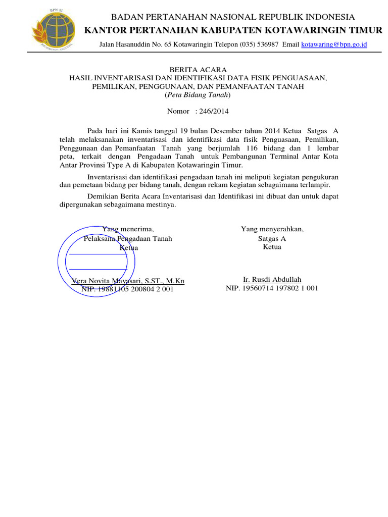 Contoh BA Penyerahan Hasil Inventarisasi Dan Identifikasi Objek | PDF