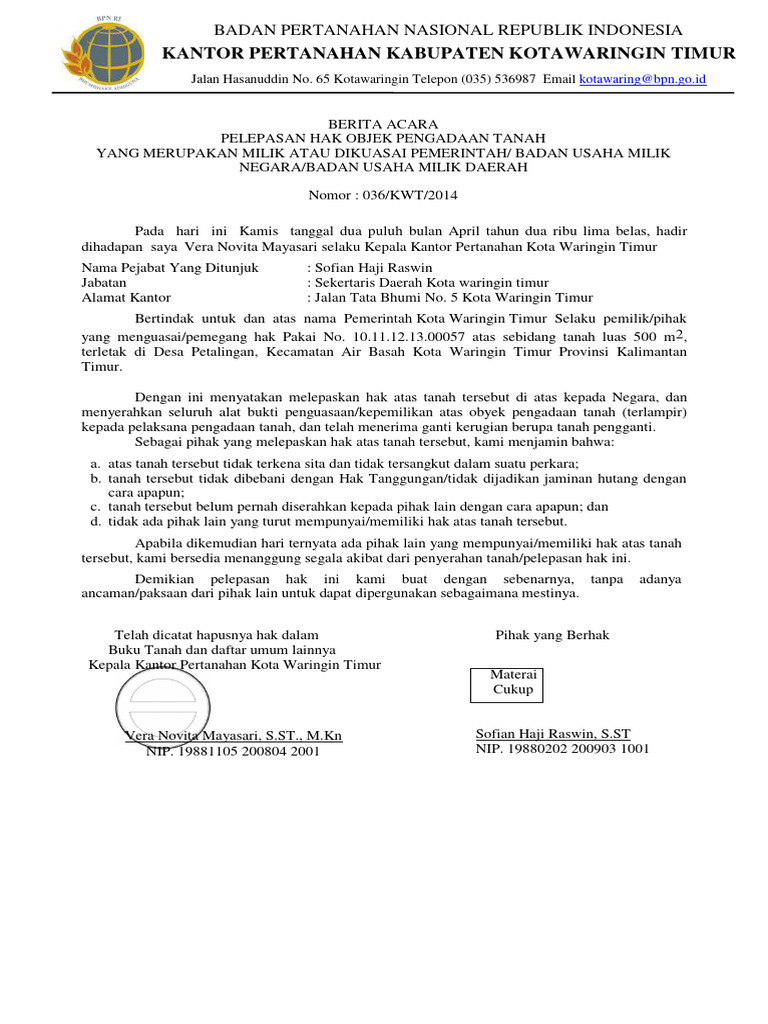 Contoh BA Pelepasan Hak Objek Pengadaan Tanah | PDF
