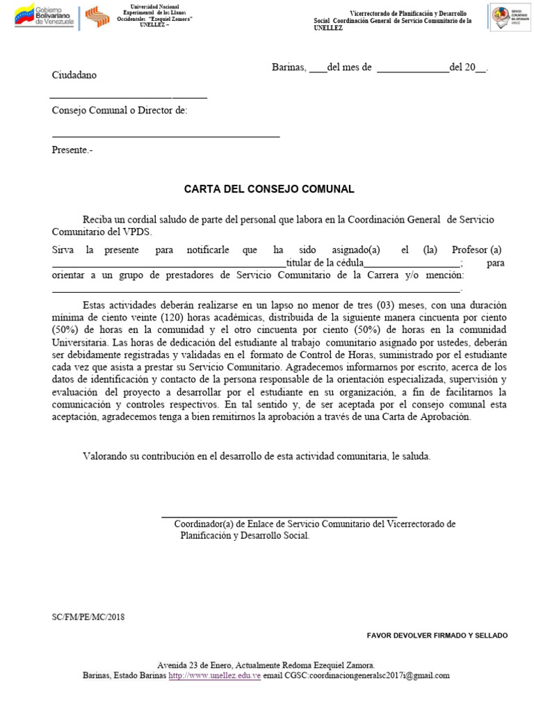 Carta Del Consejo Comunal Servicio Comunitario | PDF