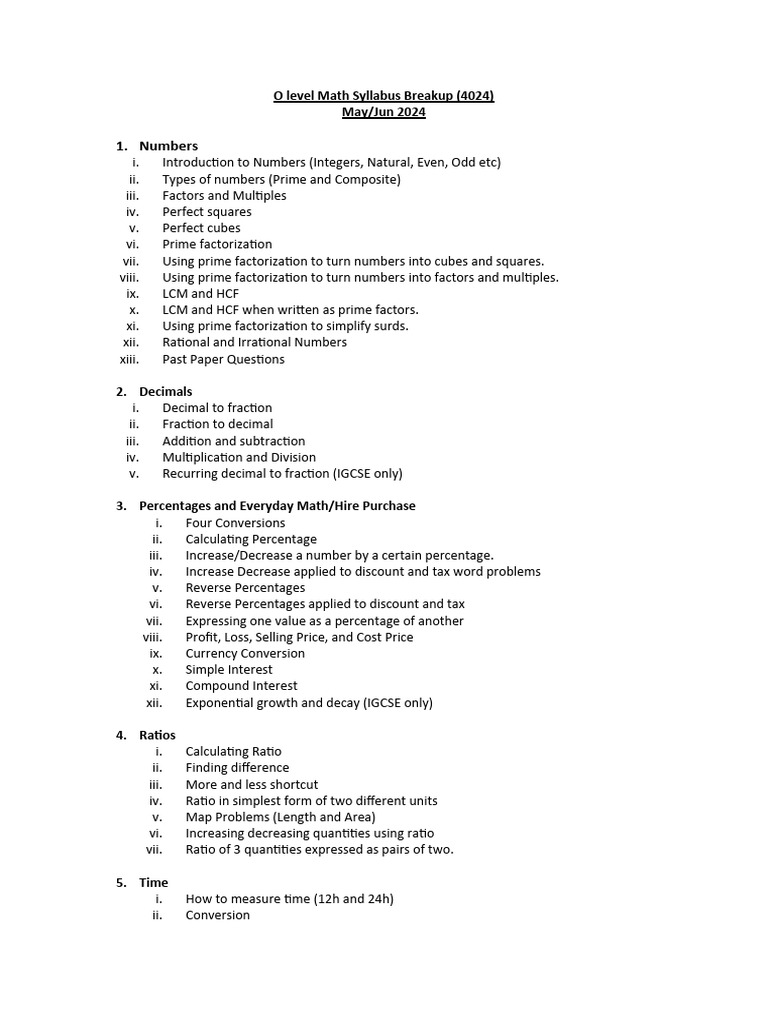 O Level Math Syllabus Breakup | PDF | Equations | Angle