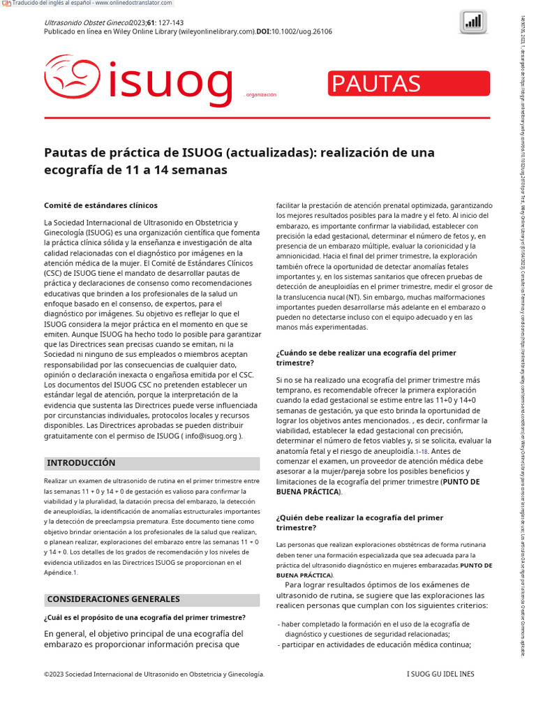 Isuog Practice Guidelines Updated Performance Of 11 14 Week Ultrasound