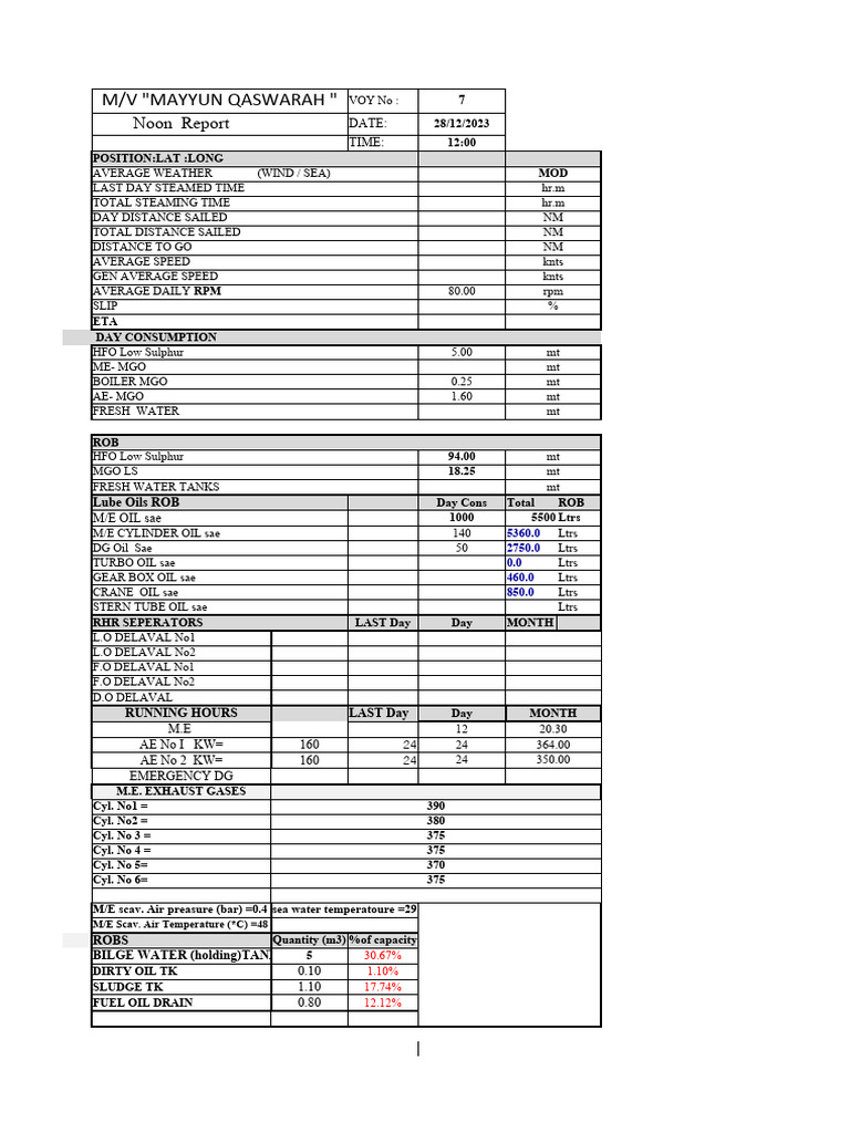 Noon Report Mayyun Qaswarah | PDF | Fuel Oil | Engines