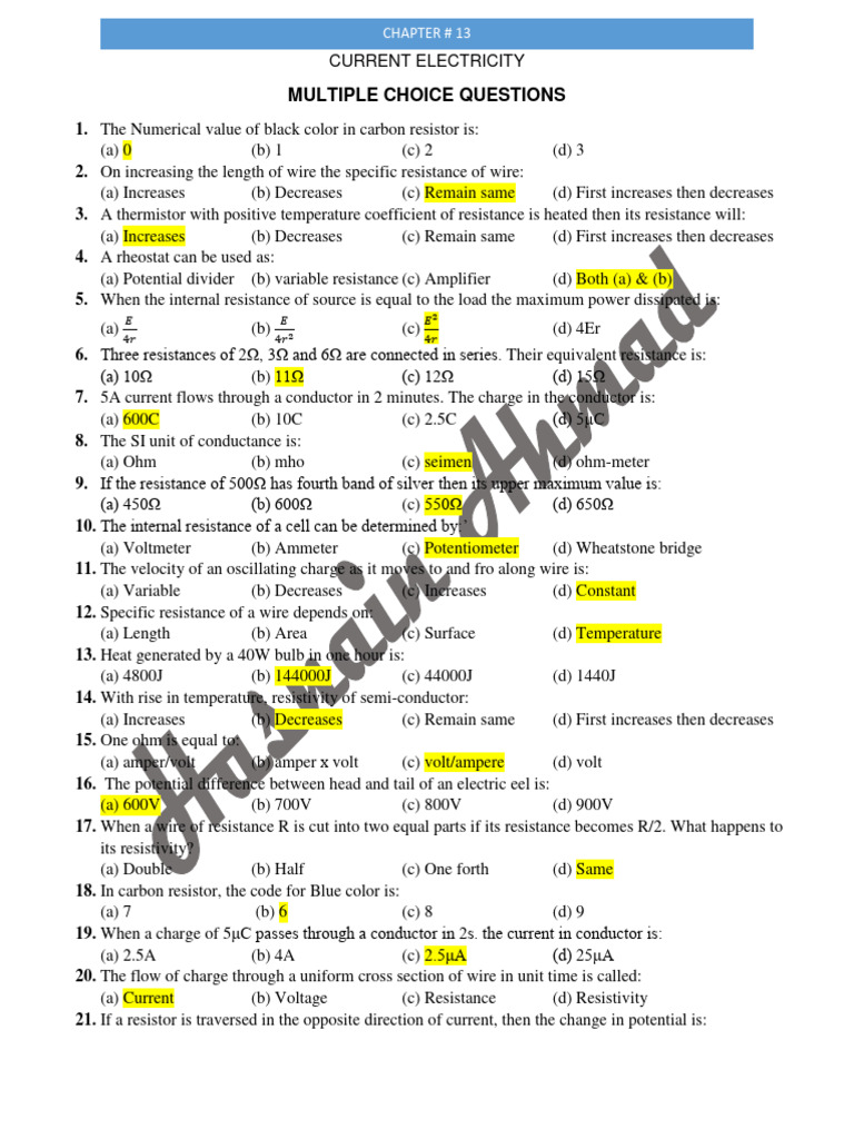 CH13 MCQ | PDF | Electrical Resistance And Conductance | Electrical Resistivity And Conductivity